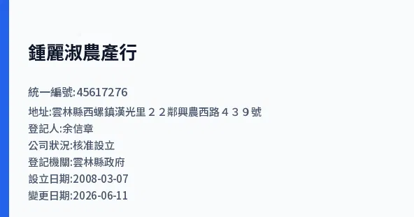 鍾麗淑農產行的照片-統編 45617276(雲林縣) 公司登記資料與營業項目詳細圖表