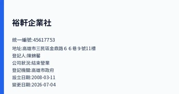 裕軒企業社的照片-統編 45617753(高雄市) 公司登記資料與營業項目詳細圖表