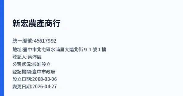 新宏農產商行的照片-統編 45617992(臺中市) 公司登記資料與營業項目詳細圖表