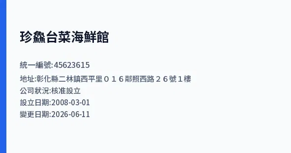 珍鱻台菜海鮮館的照片-統編 45623615(彰化縣) 公司登記資料與營業項目詳細圖表