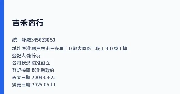 吉禾商行的照片-統編 45623853(彰化縣) 公司登記資料與營業項目詳細圖表