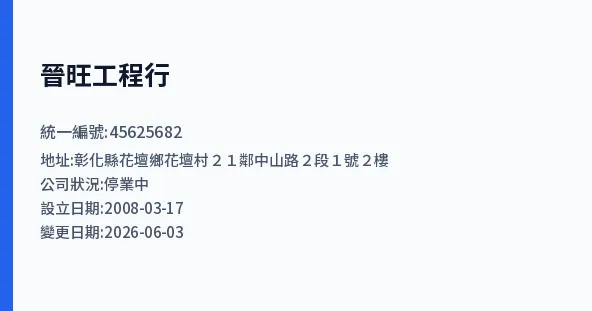 晉旺工程行的照片-統編 45625682(彰化縣) 公司登記資料與營業項目詳細圖表