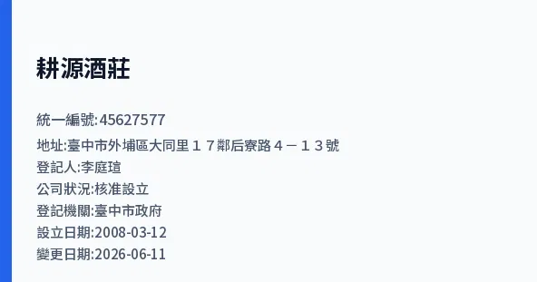 耕源酒莊的照片-統編 45627577(臺中市) 公司登記資料與營業項目詳細圖表