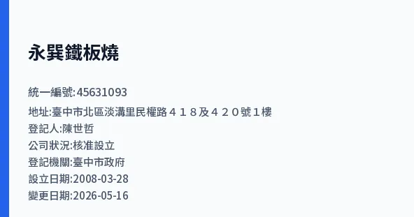 永巽鐵板燒的照片-統編 45631093(臺中市) 公司登記資料與營業項目詳細圖表