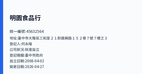明園食品行的照片-統編 45632564(臺中市) 公司登記資料與營業項目詳細圖表