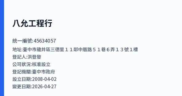 八允工程行的照片-統編 45634057(臺中市) 公司登記資料與營業項目詳細圖表