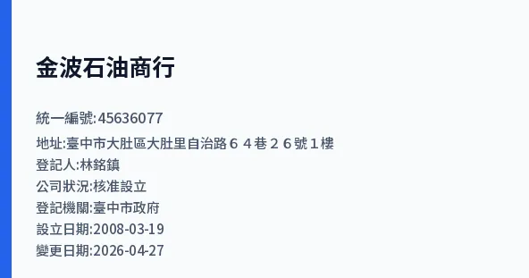 金波石油商行的照片-統編 45636077(臺中市) 公司登記資料與營業項目詳細圖表