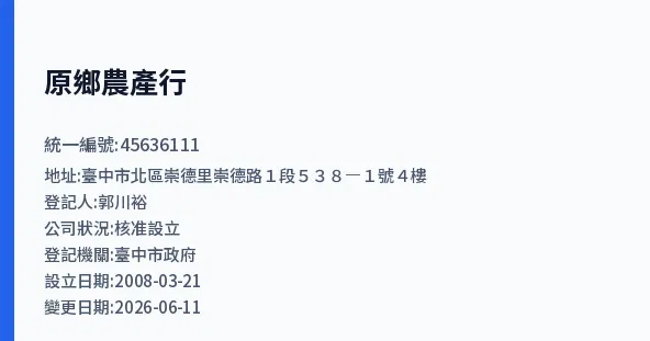 原鄉農產行的照片-統編 45636111(臺中市) 公司登記資料與營業項目詳細圖表