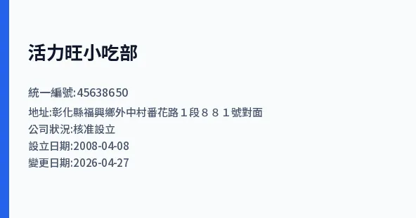 活力旺小吃部的照片-統編 45638650(彰化縣) 公司登記資料與營業項目詳細圖表