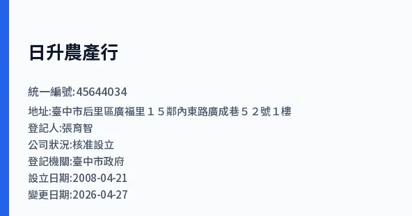 日升農產行的照片-統編 45644034(臺中市) 公司登記資料與營業項目詳細圖表