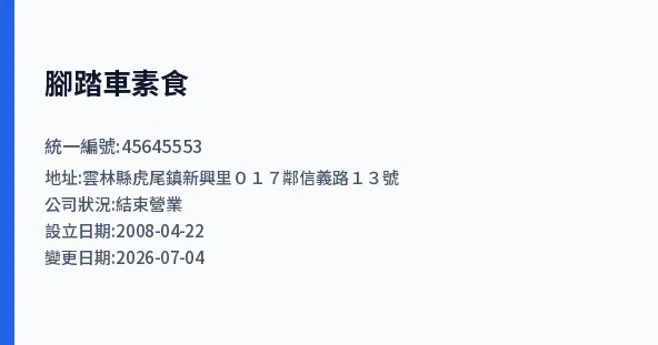 腳踏車素食的照片-統編 45645553(雲林縣) 公司登記資料與營業項目詳細圖表
