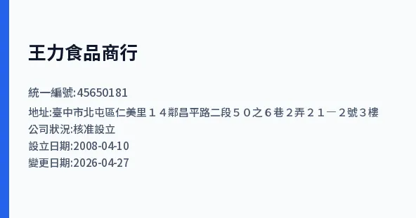 王力食品商行的照片-統編 45650181(臺中市) 公司登記資料與營業項目詳細圖表