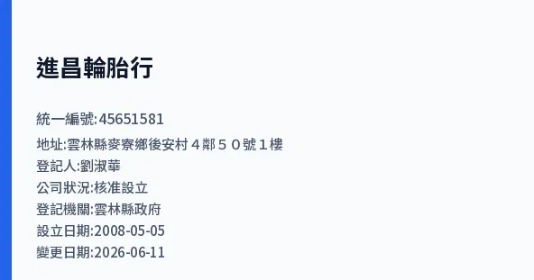 進昌輪胎行的照片-統編 45651581(雲林縣) 公司登記資料與營業項目詳細圖表