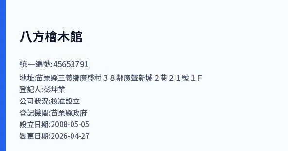 八方檜木館的照片-統編 45653791(苗栗縣) 公司登記資料與營業項目詳細圖表