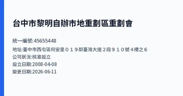 台中市黎明自辦市地重劃區重劃會的照片-統編 45655448(臺中市) 公司登記資料與營業項目詳細圖表