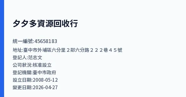 夕夕多資源回收行的照片-統編 45658183(臺中市) 公司登記資料與營業項目詳細圖表