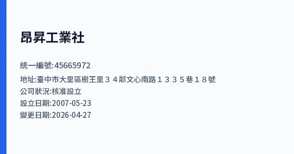 昂昇工業社的照片-統編 45665972(臺中市) 公司登記資料與營業項目詳細圖表