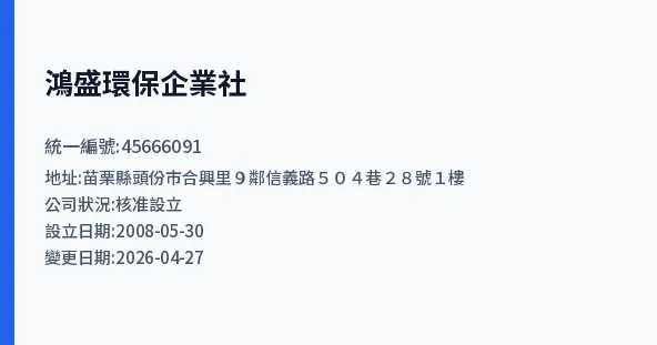 鴻盛環保企業社的照片-統編 45666091(苗栗縣) 公司登記資料與營業項目詳細圖表