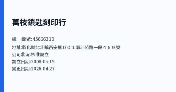 萬枝鎖匙刻印行的照片-統編 45666310(彰化縣) 公司登記資料與營業項目詳細圖表