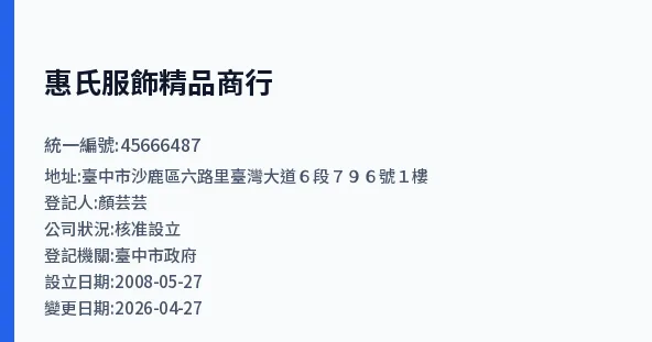 惠氏服飾精品商行的照片-統編 45666487(臺中市) 公司登記資料與營業項目詳細圖表