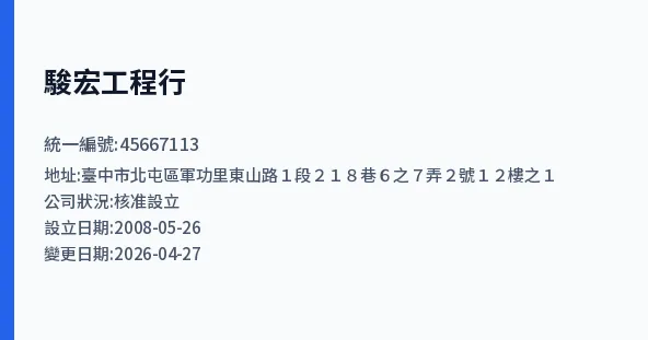駿宏工程行的照片-統編 45667113(臺中市) 公司登記資料與營業項目詳細圖表