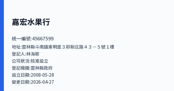 嘉宏水果行的照片-統編 45667599(雲林縣) 公司登記資料與營業項目詳細圖表