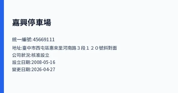 嘉興停車場的照片-統編 45669111(臺中市) 公司登記資料與營業項目詳細圖表
