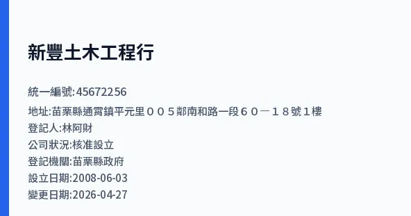 新豐土木工程行的照片-統編 45672256(苗栗縣) 公司登記資料與營業項目詳細圖表
