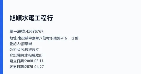 旭順水電工程行的照片-統編 45676767(南投縣) 公司登記資料與營業項目詳細圖表