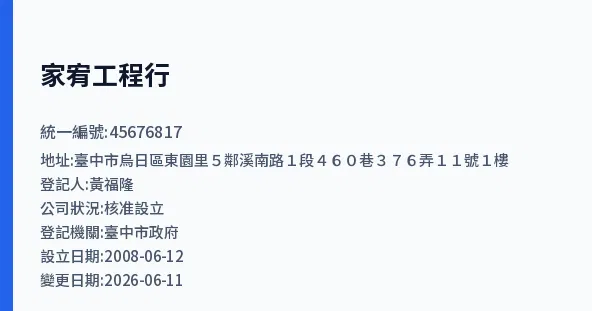 家宥工程行的照片-統編 45676817(臺中市) 公司登記資料與營業項目詳細圖表