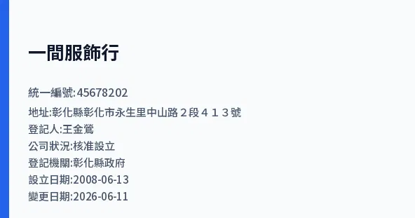 一間服飾行的照片-統編 45678202(彰化縣) 公司登記資料與營業項目詳細圖表