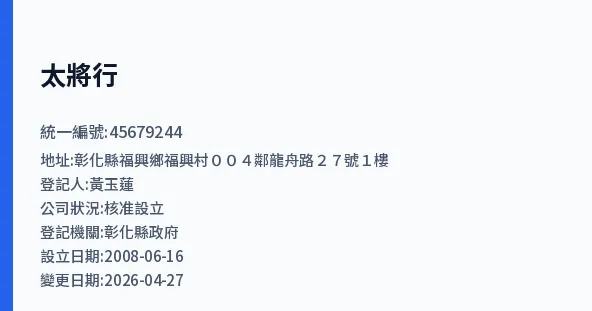 太將行的照片-統編 45679244(彰化縣) 公司登記資料與營業項目詳細圖表