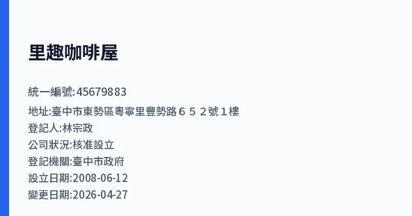 里趣咖啡屋的照片-統編 45679883(臺中市) 公司登記資料與營業項目詳細圖表