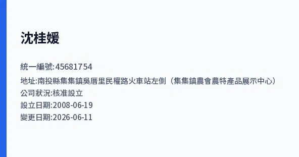 沈桂媛的照片-統編 45681754(南投縣) 公司登記資料與營業項目詳細圖表