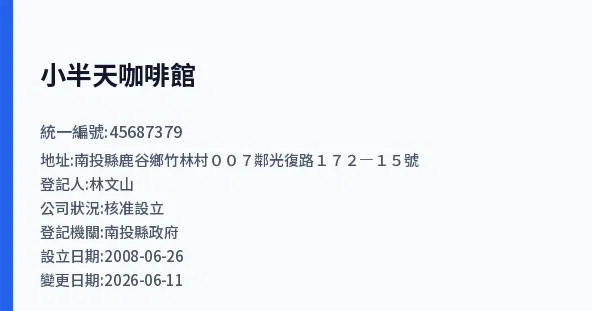小半天咖啡館的照片-統編 45687379(南投縣) 公司登記資料與營業項目詳細圖表