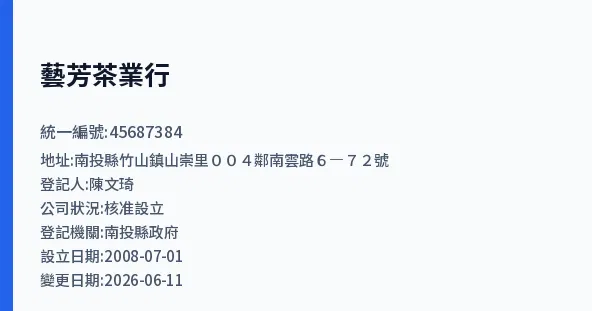 藝芳茶業行的照片-統編 45687384(南投縣) 公司登記資料與營業項目詳細圖表