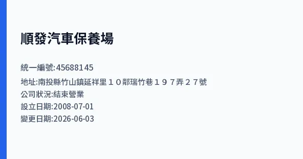 順發汽車保養場的照片-統編 45688145(南投縣) 公司登記資料與營業項目詳細圖表
