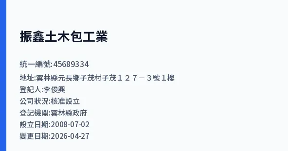 振鑫土木包工業的照片-統編 45689334(雲林縣) 公司登記資料與營業項目詳細圖表