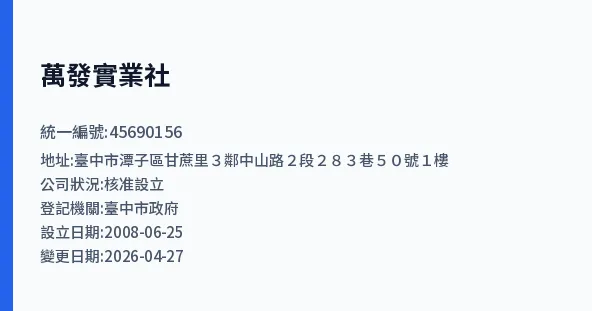 萬發實業社的照片-統編 45690156(臺中市) 公司登記資料與營業項目詳細圖表