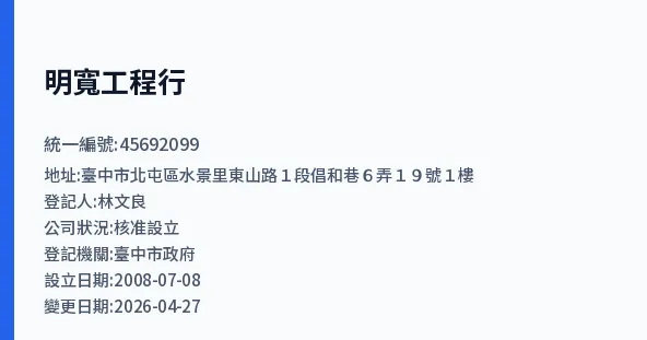 明寬工程行的照片-統編 45692099(臺中市) 公司登記資料與營業項目詳細圖表