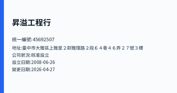 昇溢工程行的照片-統編 45692507(臺中市) 公司登記資料與營業項目詳細圖表