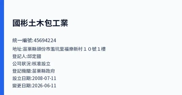 國彬土木包工業的照片-統編 45694224(苗栗縣) 公司登記資料與營業項目詳細圖表