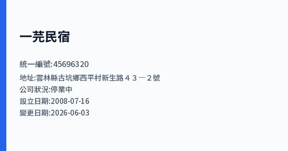 一芫民宿的照片-統編 45696320(雲林縣) 公司登記資料與營業項目詳細圖表