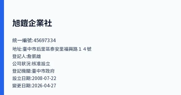旭鎧企業社的照片-統編 45697334(臺中市) 公司登記資料與營業項目詳細圖表