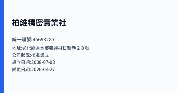 柏維精密實業社的照片-統編 45698283(彰化縣) 公司登記資料與營業項目詳細圖表