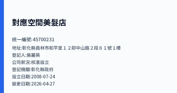 對應空間美髮店的照片-統編 45700231(彰化縣) 公司登記資料與營業項目詳細圖表