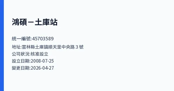 鴻碩-土庫站的照片-統編 45703589(雲林縣) 公司登記資料與營業項目詳細圖表