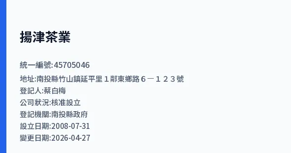 揚津茶業的照片-統編 45705046(南投縣) 公司登記資料與營業項目詳細圖表