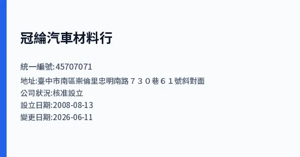 冠綸汽車材料行的照片-統編 45707071(臺中市) 公司登記資料與營業項目詳細圖表