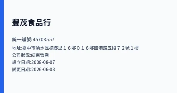 豐茂食品行的照片-統編 45708557(臺中市) 公司登記資料與營業項目詳細圖表